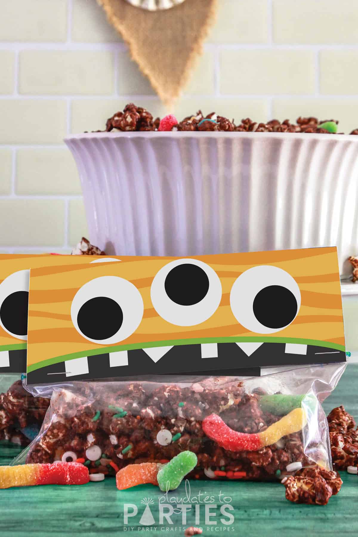 Halloween Monster Munch Popcorn Mix with Free Printable Bag Toppers